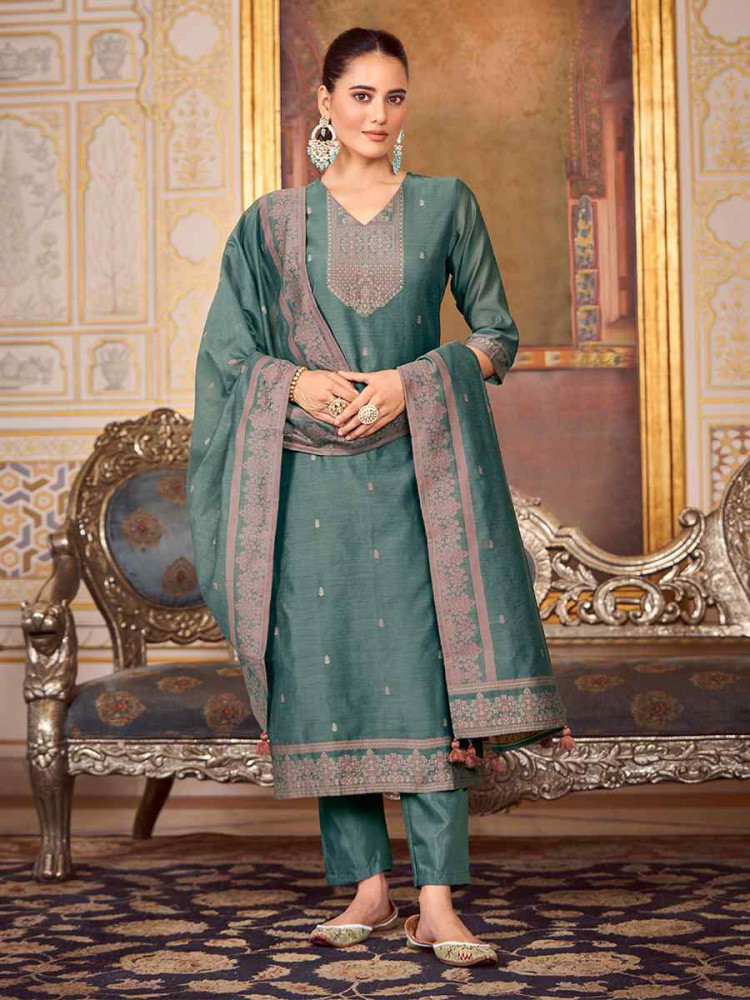 Green Silk Blend Embroidered Festival Wedding Ready Pant Salwar Kameez
