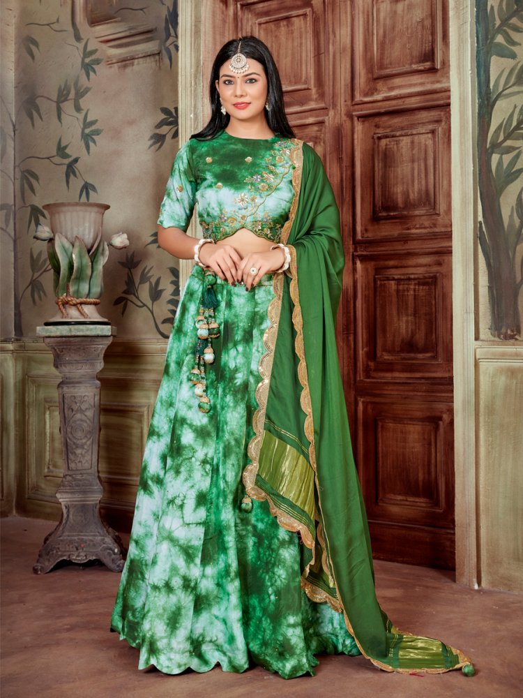 Green Silk Embroidered Festival Wedding Heavy Border Lehenga Choli