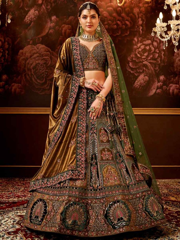 Green Velvet Embroidered Bridal Wedding Heavy Border Lehenga Choli