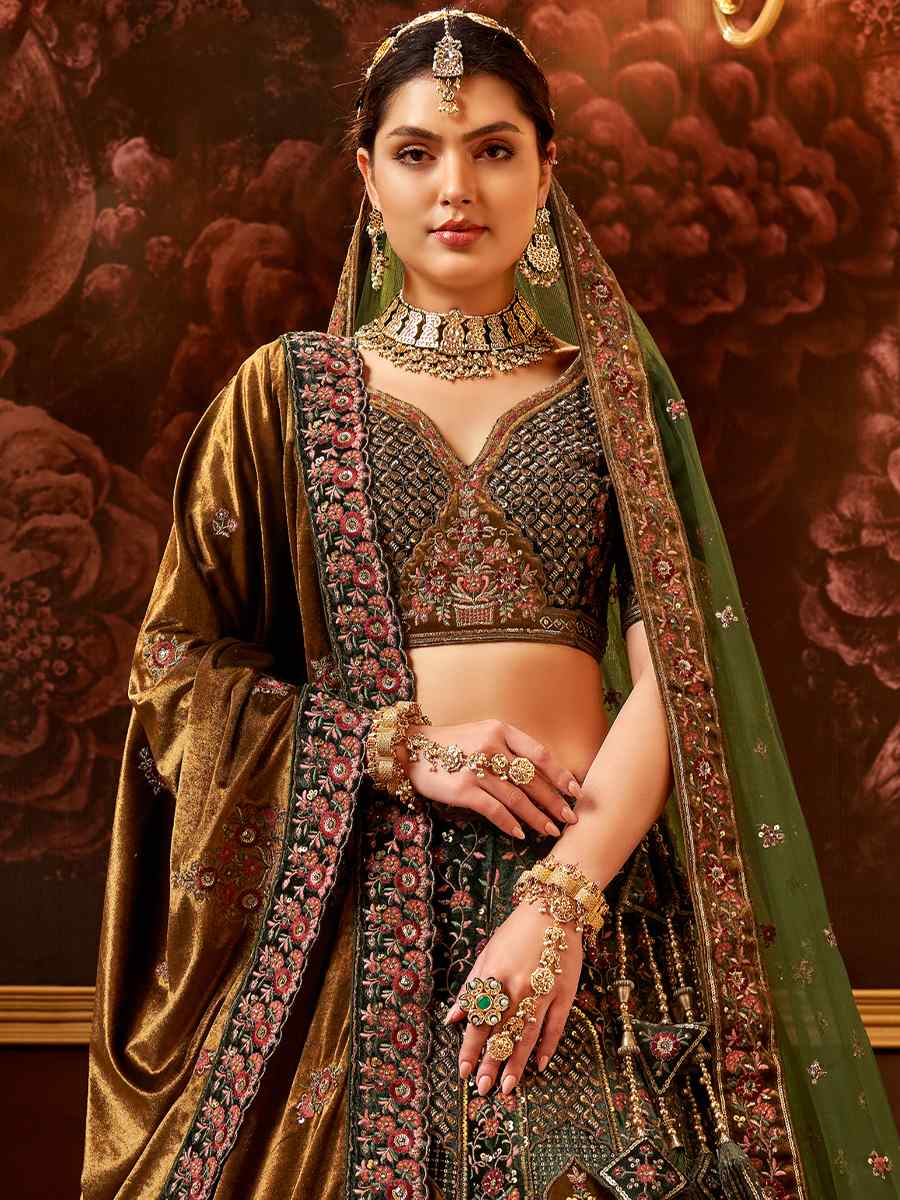 Green Velvet Embroidered Bridal Wedding Heavy Border Lehenga Choli