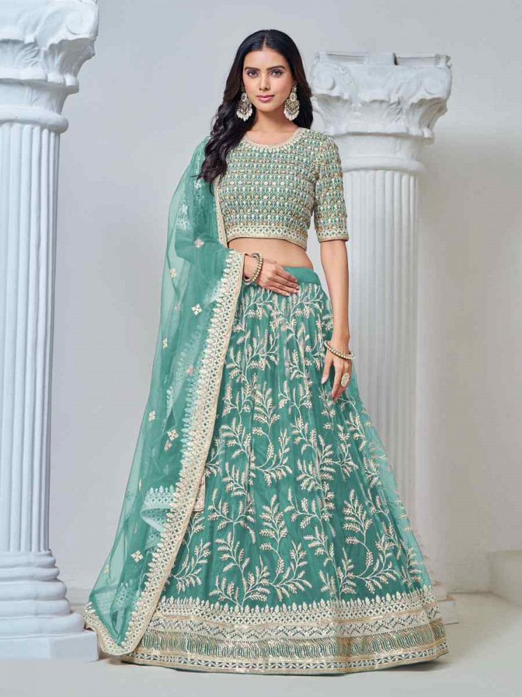Mehendi Green Net Embroidered Wedding Festival Heavy Border Lehenga Choli