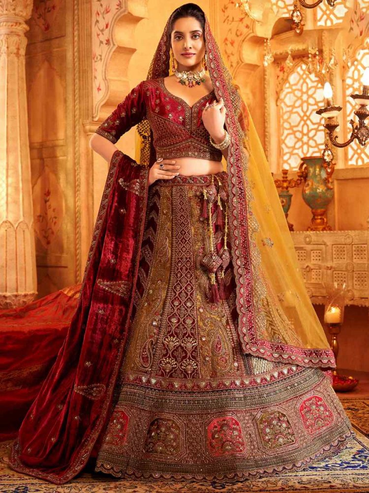 Multi Velvet Embroidered Bridal Reception Heavy Border Lehenga Choli
