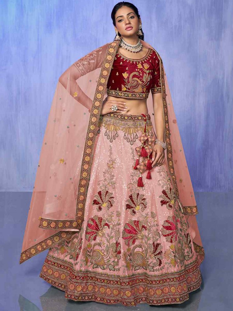 Peach Velvet Embroidered Bridal Reception Heavy Border Lehenga Choli