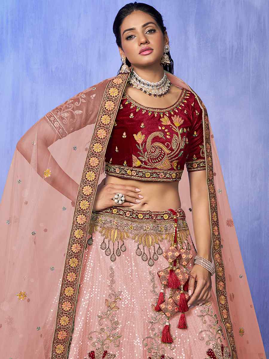 Peach Velvet Embroidered Bridal Reception Heavy Border Lehenga Choli