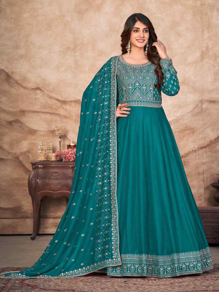 Teal Blue Art Silk Embroidered Festival Wedding Anarkali Salwar Kameez Teal Blue Art Silk Embroidered Festival Wedding Anarkali Salwar Kameez